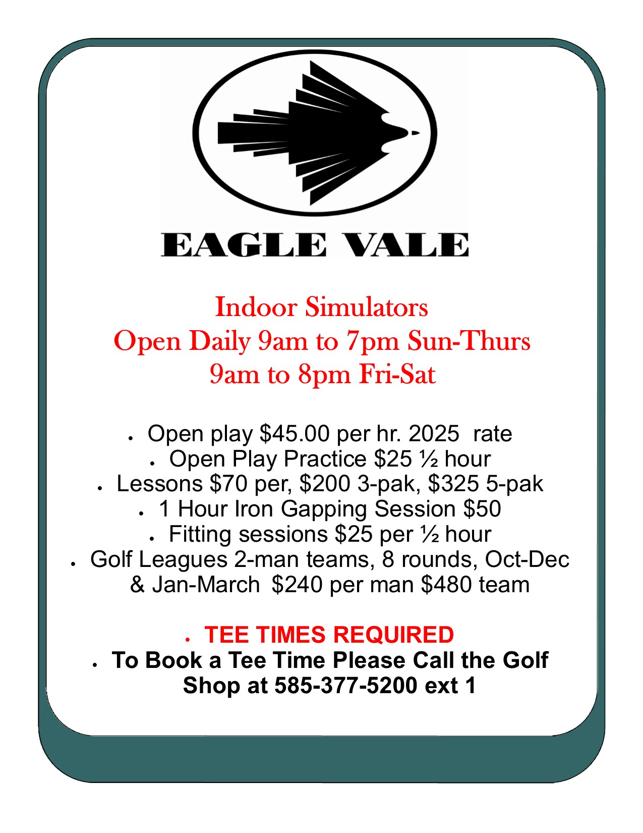 Eagle Vale Golf Club Indoor Golf Simulators Fairport, NY